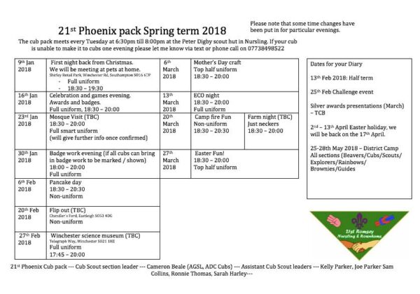 Phoenix Cub Packs spring timetable 2018 | 21st Romsey Scout Group